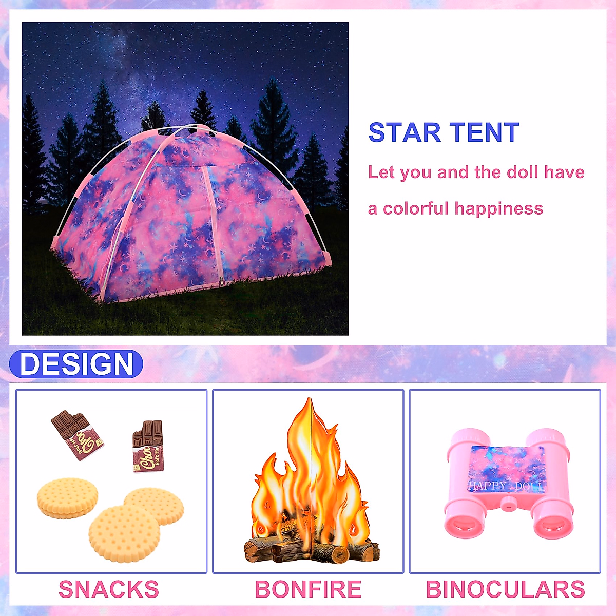 ZITA ELEMENT 11 Items 18 Inch Doll Accessories Camping Tent Set - Including Doll Camping Tent Clothes Set Binoculars Campfire Chocolate Compressed Biscuit