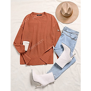 MEROKEETY Women's 2025 Fall Winter Casual Oversized Pullover Sweater Loose Crew Neck Long Sleeve Side Split Jumper Top, Orange, L