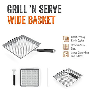 Yukon Glory BBQ 'N Serve™ Wide BBQ Grill Basket The Grilling Basket Includes a Clip-On Handle - Perfect Grill Baskets for Outdoor Grill Vegetables or Fish Basket & Meat