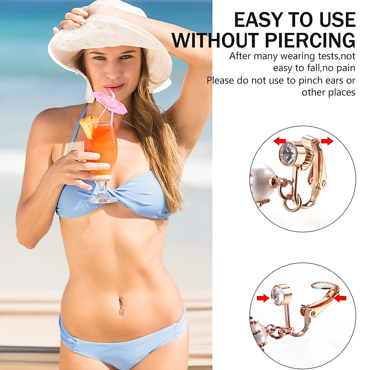 JOERICA 8 Pcs Fake Belly Rings for Women Stainless Steel Clip on Belly Button Rings Evil Eye Snake Butterfly Heart with Wing Opal CZ Fake Belly Button Piercing Navel Non Piercing Jewelry