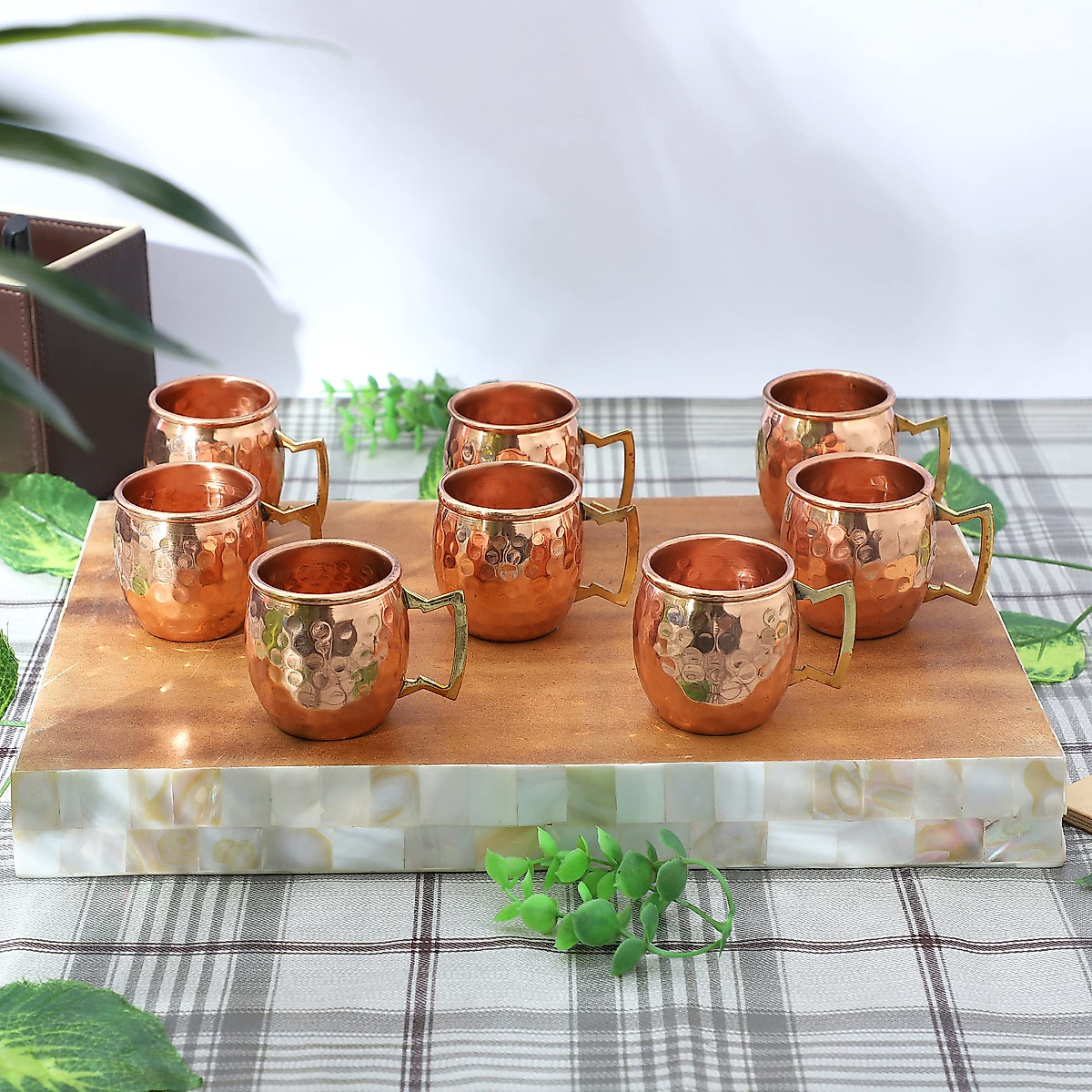 Buddha4all 2 Oz. Solid Copper Mini Moscow Mule Shot Mug Set Copper Hammered Shot Glass Set (8)