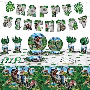 Tatuo 172 Pcs Dinosaur Birthday Party Supplies Dinosaur Theme Party Decoration Set Serve 24 Guests Include Tablecloth Tableware Plate Napkin Cup Happy Birthday Banner for Kids Party Decoration