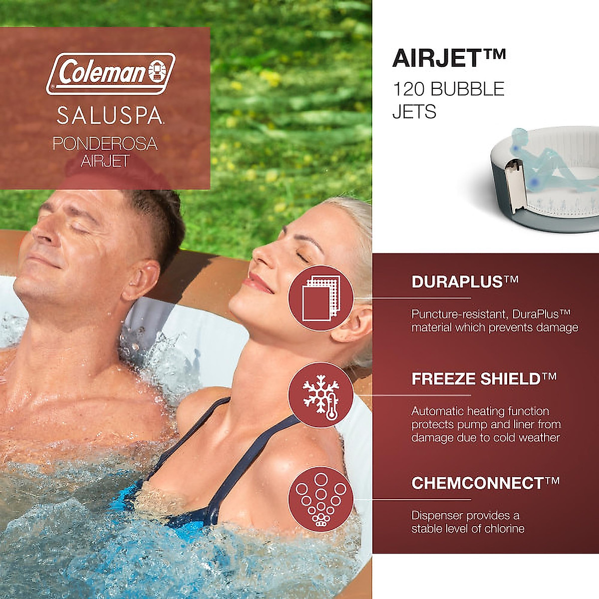 Coleman SaluSpa Ponderosa AirJet, 2 to 4 Person Inflatable Hot Tub, Round Portable Outdoor Spa with 120 Soothing AirJets and Cover, Orange