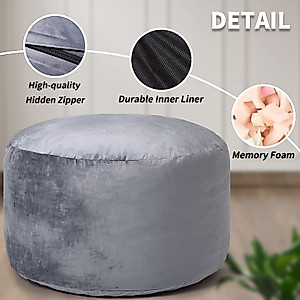 GlowSol Big Huge Giant Bean Bag Chair for Adults, Memory Foam Bean Bag Chair with Removable Machine Washable Plush Velvet Cover, Stuffed Sofa Chair, 4FT, Grey