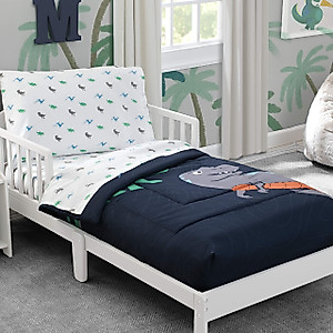 Delta Children 4 Piece Toddler Bedding Set for Boys - Reversible 2-in-1 Comforter - Includes Fitted Comforter to Keep Little Ones Snug, Bottom Sheet, Top Sheet, Pillow Case - Jurassic Dinosaur