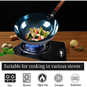 TKRADISH 13 Inch Chinese Hand Hammered Iron Wok and Stir Fry Pans with Wooden Handle and Lid Round Bottom Wok Pan Non-stick No Coating Ideal for Home Use and Gift Giving