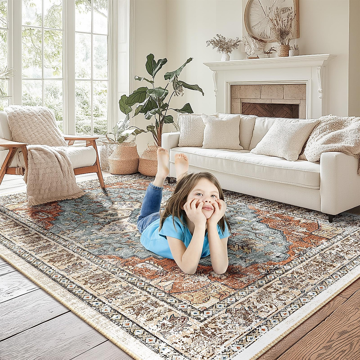 BESTSWEETIE Area Rug 8x10 Rugs for Living Room 8 x 10 Washable Rugs Non Slip Vintage Boho Living Room Rugs for Bedroom Dining Room, Distressed Floral Pattern Carpet, Green Brick Rust Red