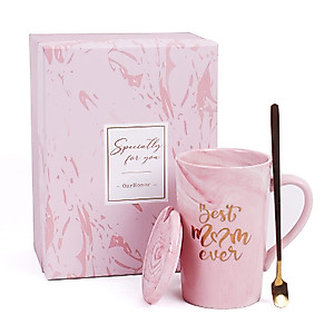WeBingo Mom Coffee Mug, Best Mom Ever Mug, 16 Oz Coffee Cup With Exquisite Box Packing Spoon, Pink Ceramic Marble Mothers Funny Ideas Mug, Pregnancy Birthday Valentine Christmas Gift