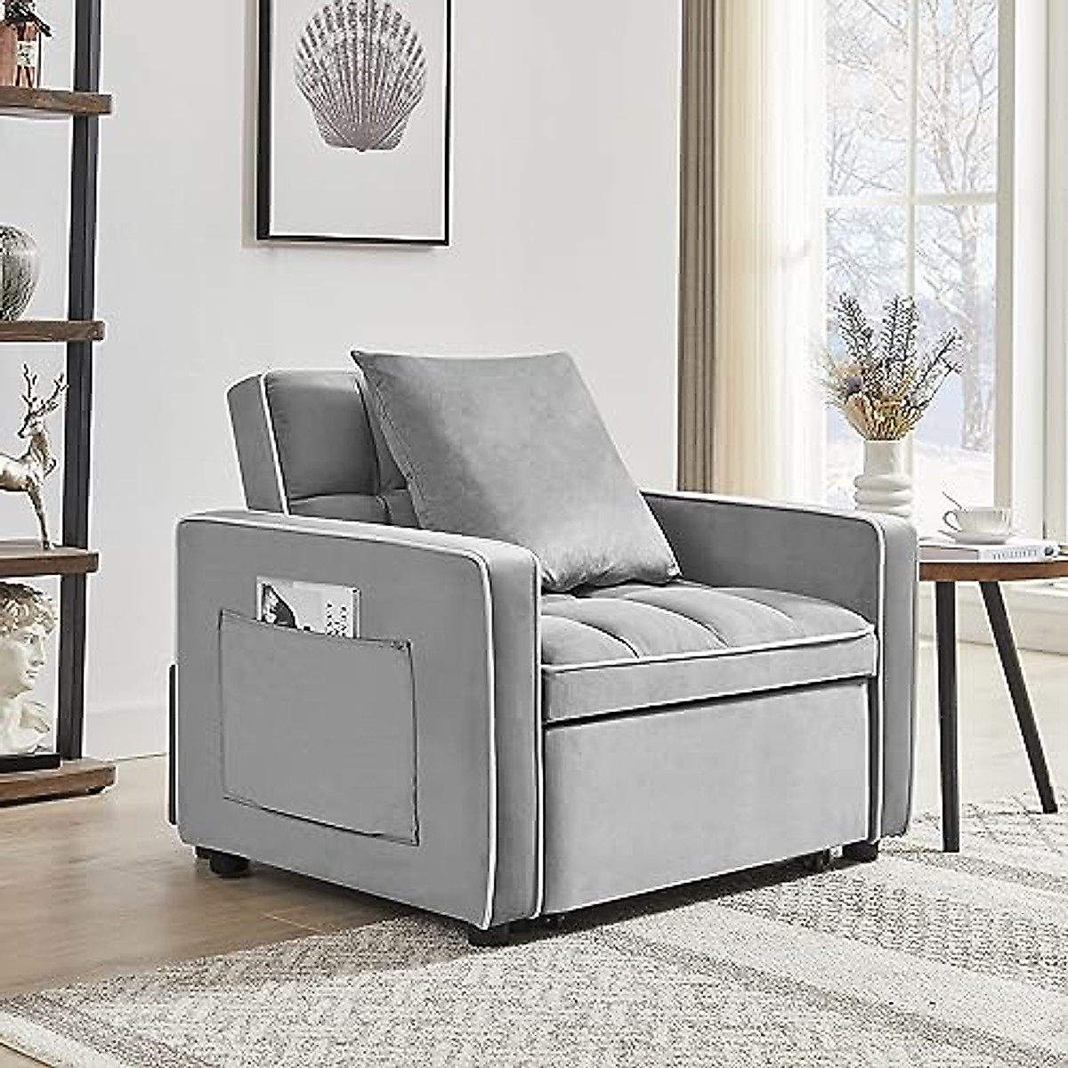 YUNLife 3 in 1 Convertible Loveseat Sofa with Pull-Out Sleeper&Adjsutable Backrest,Multi-Functional Folding Recliner Accent Futon Sofá Chair,Upholstered Lounge Chaise Couch Armchair for Living Room