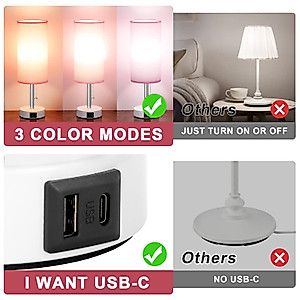 Hong-in Pink Bedside Lamp - 3 Color Modes, Small Lamp with USB-C and USB-A Charging Ports, Pull Chain, Nightstand Light for Bedroom, Office, Kids Room (Bulb Included)