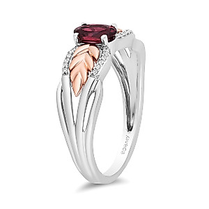 Jewelili Enchanted Disney Fine Jewelry Sterling Silver and 10K Rose Gold 6x4 MM Oval Shape Rhodolite Garnet and Natural White Round Diamond Accents Anna Wheat Ring, Size 7