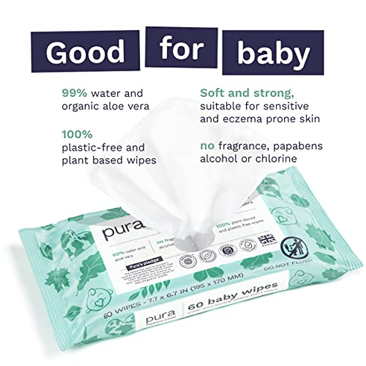 Pura Baby Wipes, 100% Plastic-Free & Plant Based Wipes, 99% Water, Suitable for Sensitive & Eczema-prone Skin, Fragrance Free & Hypoallergenic, Cruelty Free, EWG Verified, 1 Pack of 60 Wet Wipes