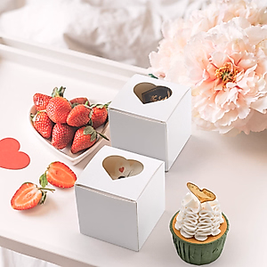 Suwimut 100 Pack Individual Cupcake Box with Heart Shaped Window, 3 Inch Small White Single Cupcake Box Carrier Container for Cookie Muffin Cocoa Bombs, Togo Boxes for Birthday Wedding Party Favors