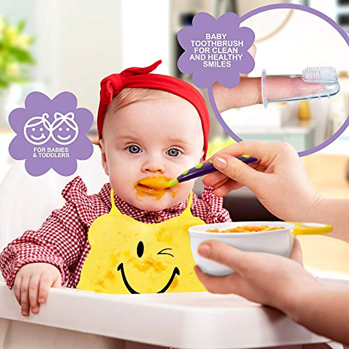 Baby Feeding Gift Set 8PC: Silicone Bib, Masher and Bowl, Spoon and Fork Set, Fruit Feeder with Rattle, Finger Toothbrush and Food Scissors by Bebe N Belle (Yellow)