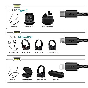 Replacement 3-in-1Wall Charger Adapter Charging Cable Cord for Beats by Dr Dre Studio Solo 3 2 Solo Pro, Powerbeats Pro 3 2, Studio Buds, Fit Pro, Flex, Beats X Headphones, Pill Plus Pill+ Speakers