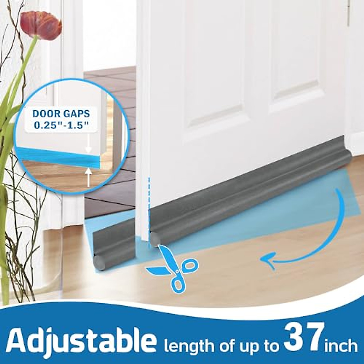 2 Pack Door Draft Stopper - 37 Inch One-Sided Under Door Draft Blockers - Soundproof, Dust, and Cold Air Stopper - Door Draft Stoppers for Bottom of Door, Fits Interior and Exterior Doors（Grey）