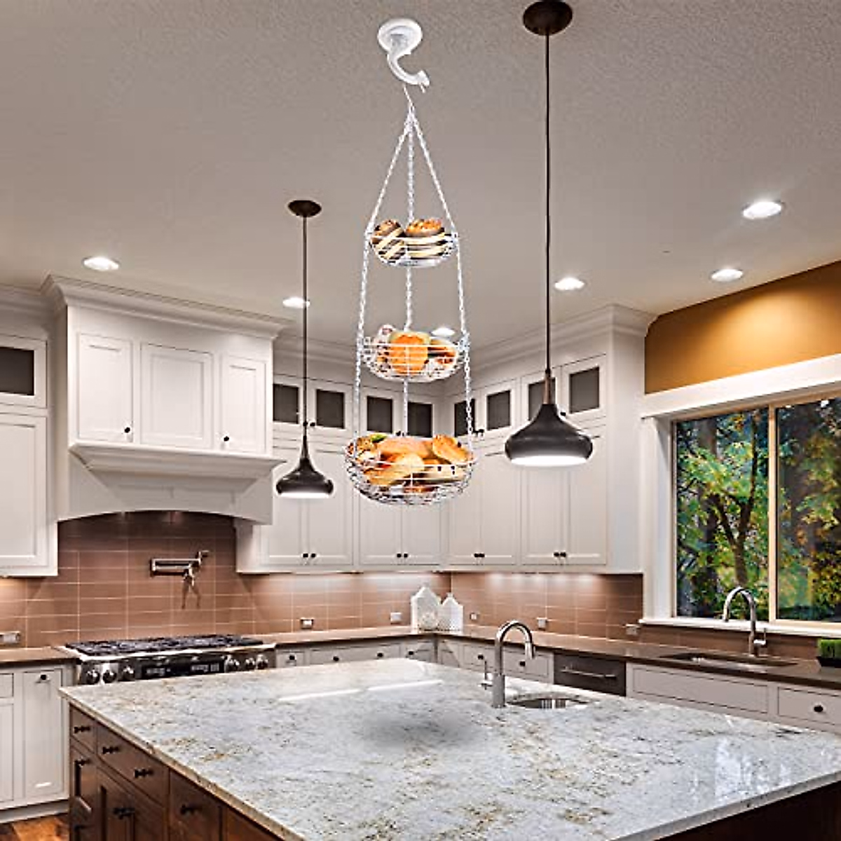 Hotop 3-Tier Hanging Fruit Basket Vegetable Storage Wire Basket with 16 Inch Fixture Chain and Ceiling Hook for Putting Fruit Vegetables Snacks Household Items (White)