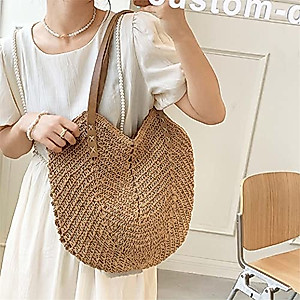 ZNMDOK Women Straw Tote Bag Summer Beach Bags Large Woven Fishing Net Shoulder Bag Straw Bag (Round, Khaki)