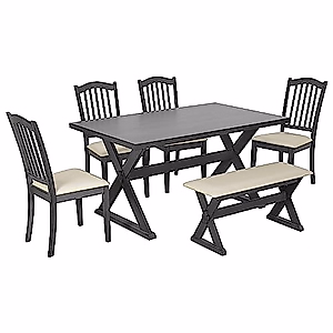 HAUSHECK Rectangular Table with X-Frame Legs, Upholstered Bench & Chair with Hollowed Backrests, Padded Cushion, Modern Rustic Style Home Furniture, Kitchen & Dining Room Sets for 6, Gray