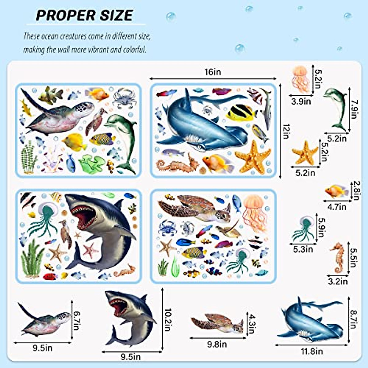 MEFOSS 142 PCS 3D Under The Sea Ocean Animals Wall Decal DIY Fish Dolphin Turtle Starfish Seaweed Shark Wall Stickers for Kids Room Playroom Nursery Classroom Bathroom Decor