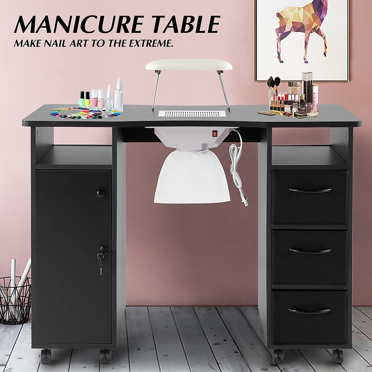 Artist hand Manicure Table, Nail Table, Nail Beauty Manicure Desk, Wrist Cushion, Lockable Wheels, Storage Drawers, Electric Downdraft Vent, White