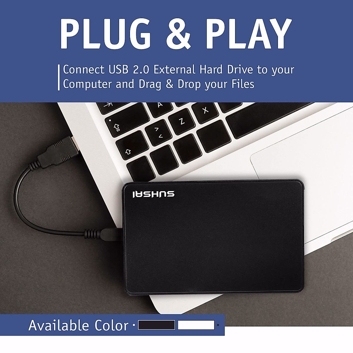 SUHSAI 500GB Portable External Hard Drive USB 2.0 Storage and Backup Drive, USB Hard Disk Drive, Memory Storage Expansion External HDD for Computer, Mac, Desktop (White)