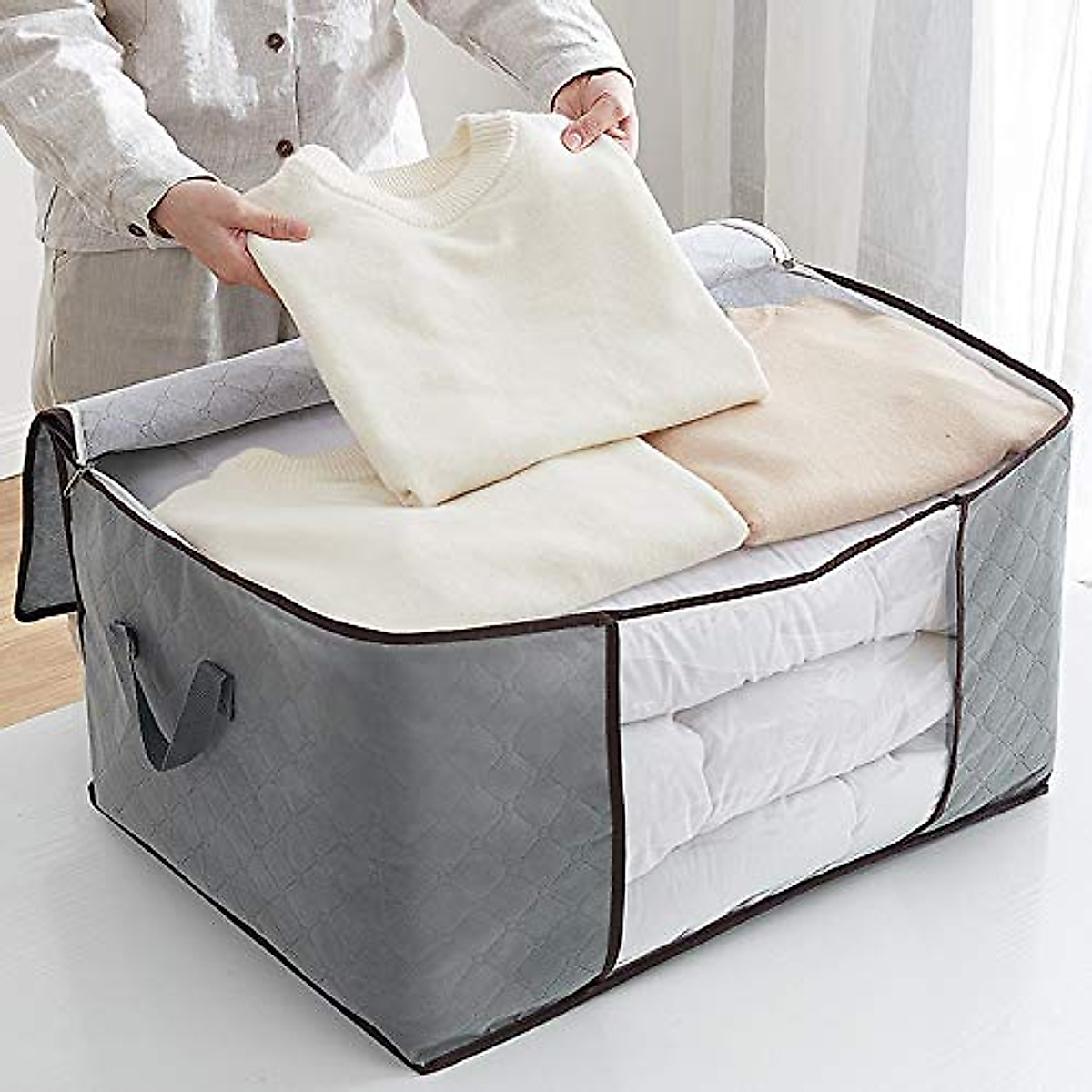XIANGRIKUI Storage Bags, 3 Pack Clothes Storage Bins Foldable Closet Organizer Foldable Storage Bag Containers with Clear Window for Clothing, Blanket, Bedding, Bed Sheets (Grey)