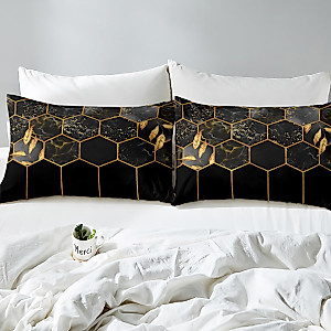 Marble Duvet Cover King, Black Grey Geometric Gold Plaid Bedding Set, Modern Luxury Diamond Comforter Cover with Metallic Stripe Printed Beehive Hexagon Grid Quilt Cover with Pillow Shams,Honeycomb