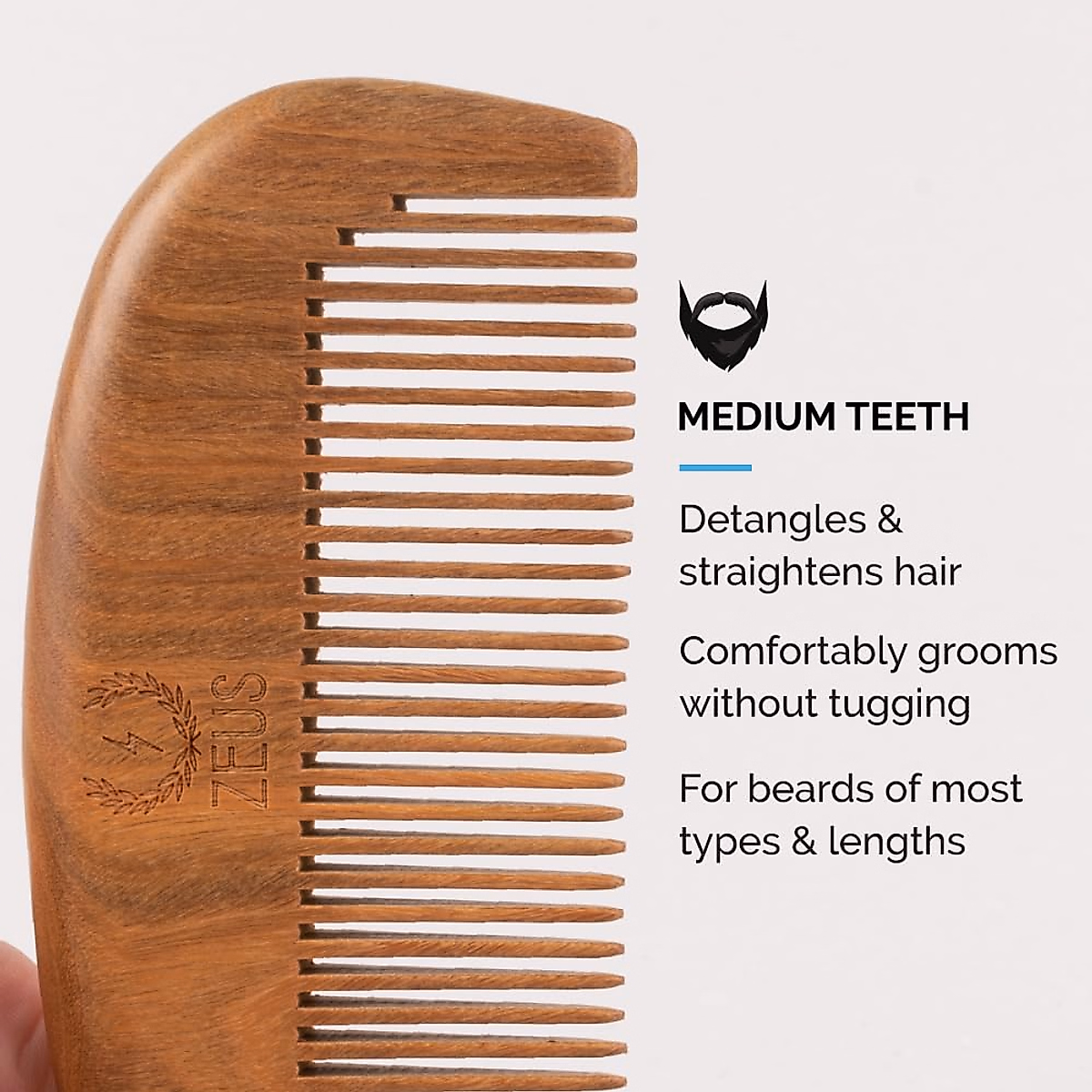 ZEUS Sandalwood Beard Comb, Natural Wooden Beard Comb with Leather Sheath for Men, Travel Friendly Beard Comb (S31)