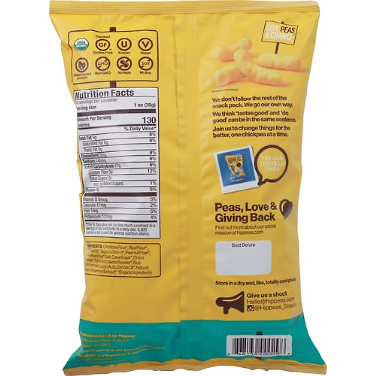 Hippeas Organic Chickpea Puffs, Vegan White Cheddar, 10 Ounce (Pack of 1), Family Size, 4g Protein, 3g Fiber, Vegan, Gluten-Free, Crunchy, Plant Protein Snacks