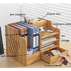 4 Tiers Office Wood Desktop Organizer, A4 Paper File Rack with Vertical Horizontal File Holder, Supplies Storage Box Mail Sorter on Desk Tabletop Binder Folder Letter Trays