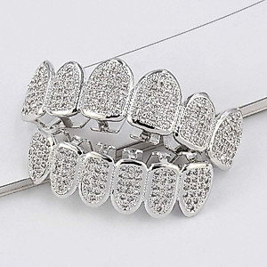 JINAO Fake Diamond Grill 18k Gold Plated All Face Iced Out Luxury Cubic Zirconia Silver Grillz for Your Teeth set with Extra Molding Bars Included Mouth Teeth Grills for Men Women (Silver set)