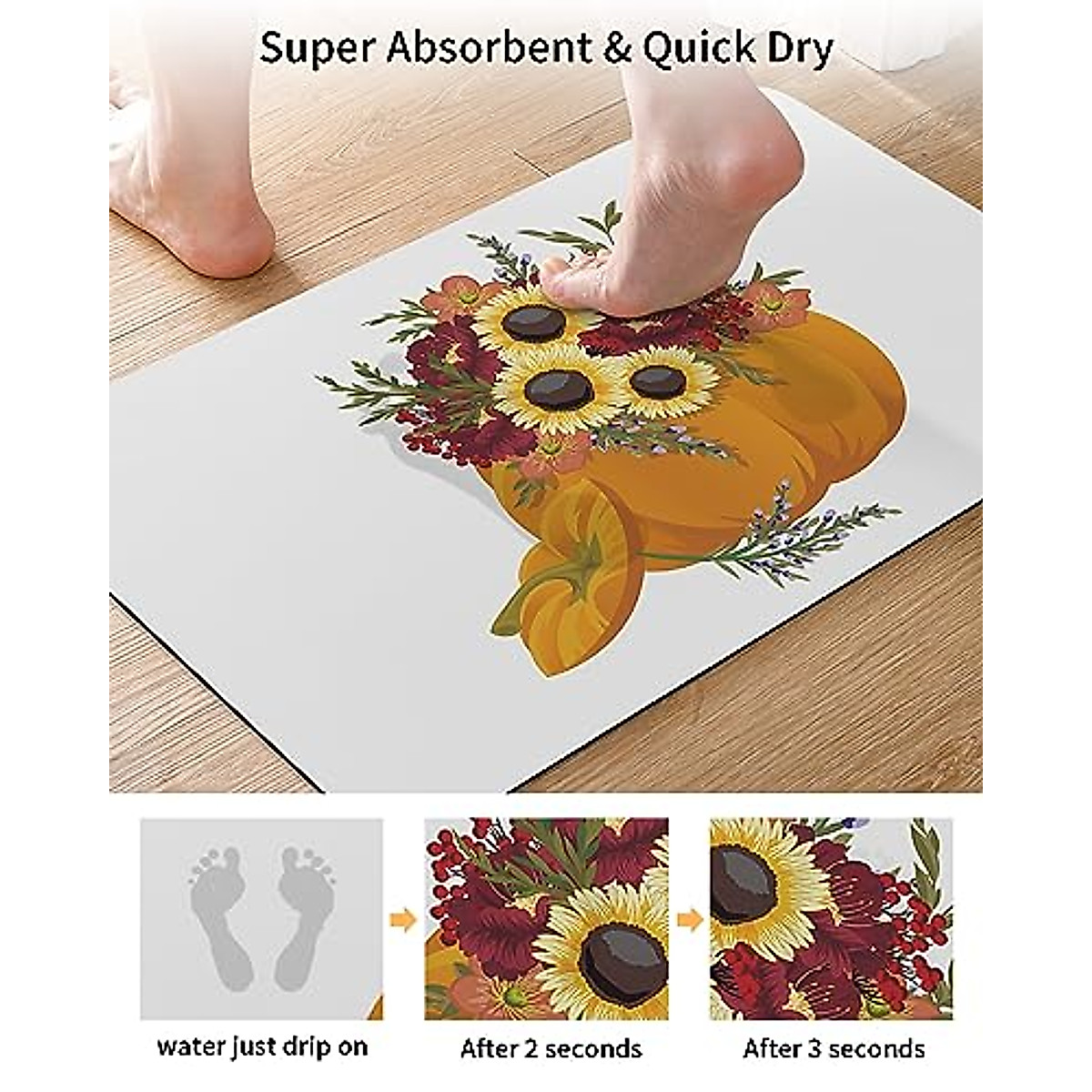 KITHOME Bath Mat for Bathroom Non Slip Thanksgiving Pumpkin Sunflowers Diatomaceous Earth Bath Mats Highly Absorbent Door Mat Diatom Mud Washable Bathroom Mat for Tub Shower 16x24 Inch
