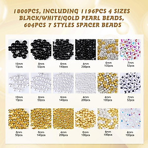 JADVY 1800 pcs Pearl Beads for Jewelry Making Kit with Spacer Beads, Black/White/Gold Pearl Beads for Bracelets, Necklaces, Earrings, DIY Pearls Bracelet Making Kit, Pearl Beads & Bead Assortments