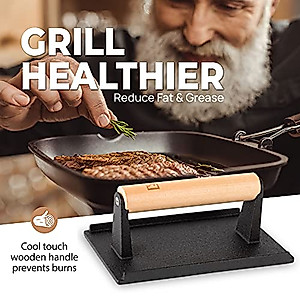 Cast Iron Grill Press (Set of 2) - 8 x 4 Inch, 2.6 lb Griddle Press with Cool-Touch Wood Handle - Pre-seasoned Meat Press for Steak, Burgers, Sandwiches, and Paninis – Non-Stick Bacon Press