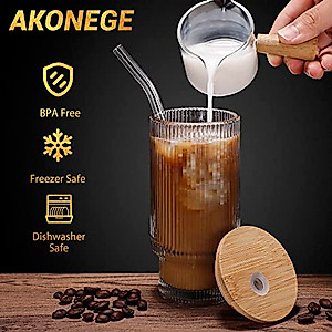 AKONEGE Ribbed Glassware Drinking Glasses with Lid and Straws, 12oz Ribbed Glass Cups Vintage Fluted Glassware Set of 4, Iced Coffee Cup, Coffee Bar Accessories for Whiskey Cocktail Beer Coffee Tea