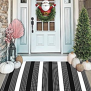 RRUI Cotton Black and White Striped Rug 43 x 27.5 Inches Outdoor Reversible Hand-Woven Washable Area Rugs for Layered Door Mats/Farmhouse Entryway Stripe Carpet/Front Porch Rug/Kitchen Mat
