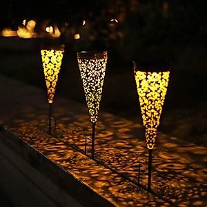ANGMLN 2 Pack Christmas Decorations, Outdoor Lights Clearance Garden Solar Pathway Lights - Waterproof Decorative Metal Stake Lights with Lacy Cone Pattern for Walkway Yard Steps Patio Lawn