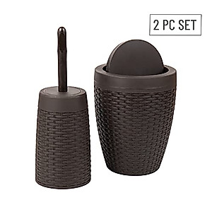 Mind Reader Basket Collection, Round Wastepaper Basket and Toilet Brush Set, Premium Wicker Design, 2 Piece Set, Swivel Lid Bin is 8.75"W x 11.25"H, Brush is 15.25"H, 8.75"L x 8.75"W x 11.25"H, Brown