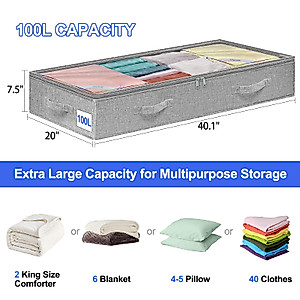 punemi 100L Under Bed Storage Containers, Extra Large Foldable Underbed Zipper Storage Bag For Blankets Clothes Comforters Organizer, Fabric Long Flat Storage Bins With Lids For College Dorm, 4 Pack