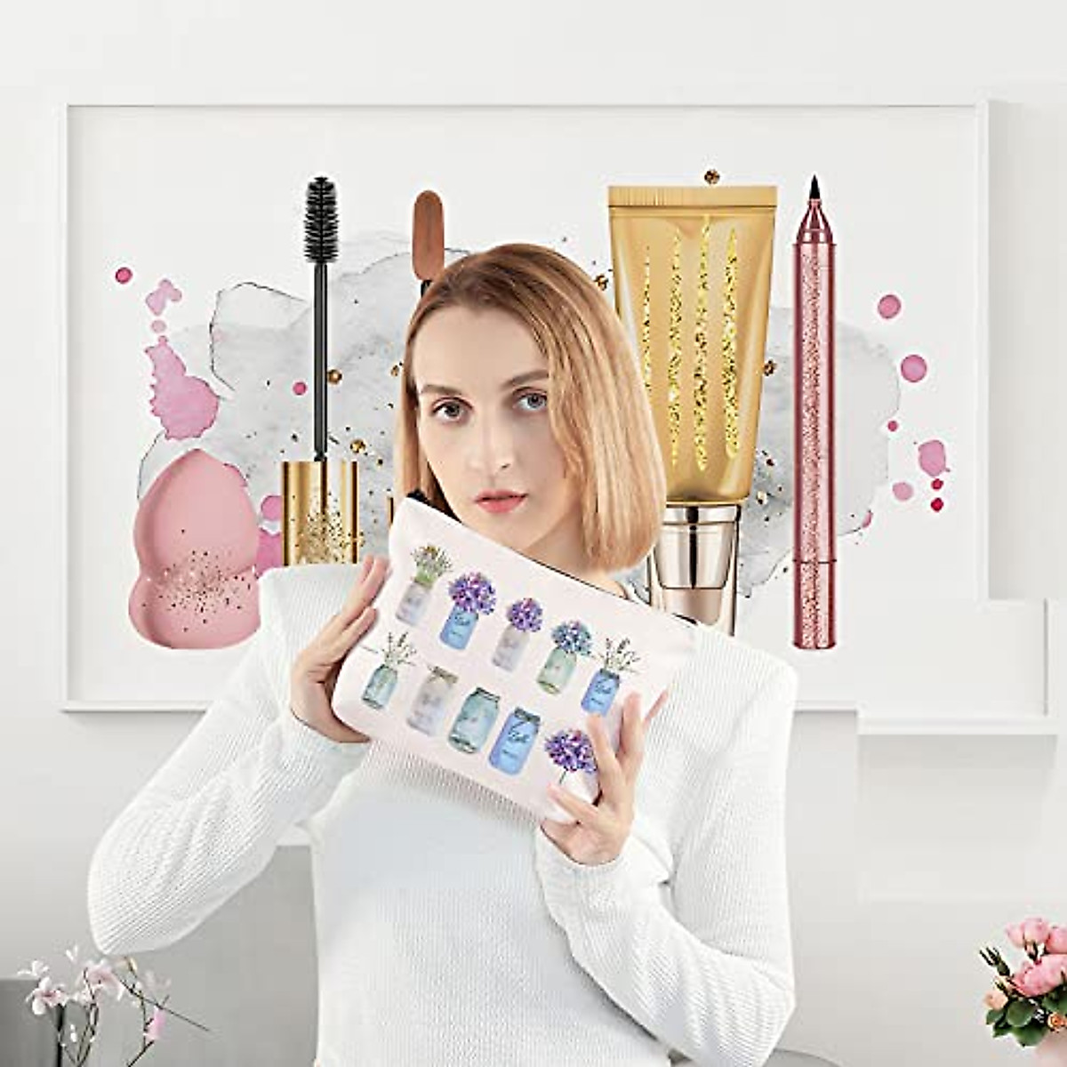 LEVLO Hydrangea and Lavendar Flowers in Jars Cosmetic Make Up Bag Flower Lover Gifts Floral Mason Jars Makeup Zipper Pouch Bag (Mason Jar Lavender)