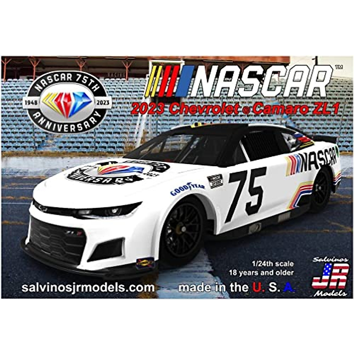 Salvinos JR Model 1/24 NASCAR 2023 Camaro ZL1 NASCAR 75th Anniversary Diamond Anniversary Plastic Model SJMNASCAR75