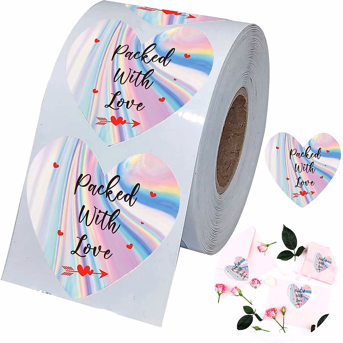 Happy Valentine's Day Stickers 1.5 inch Holographic Heart Stickers Wedding Favor Thank You Labels for Envelope Seals Business Package 500 pcs Per Roll Sealed Labels for Envelope Seals