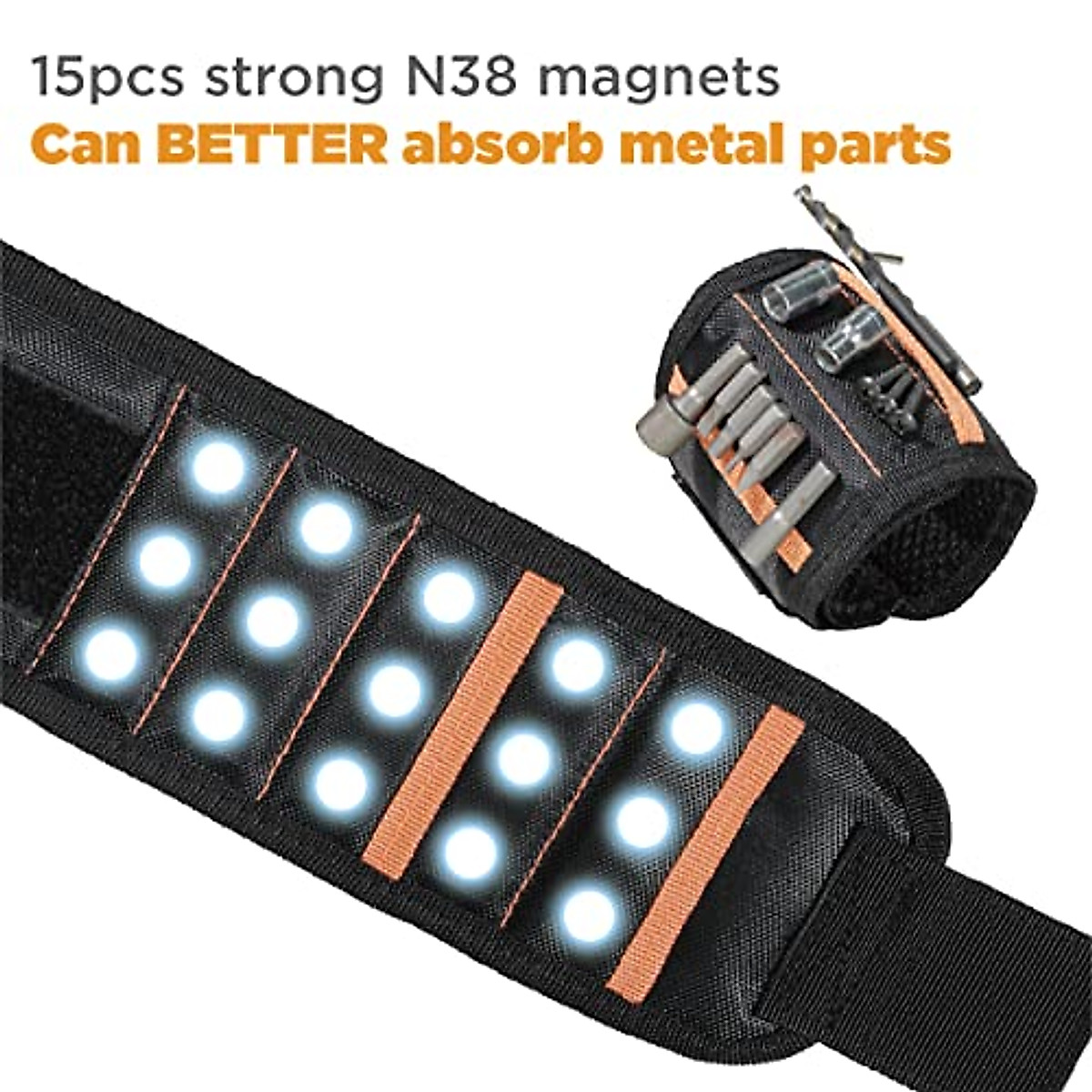 Magnetic Wristband with 15pcs Strong N38 Magnets, Tool Gift for Father, Boyfriends, Handyman, Electrician