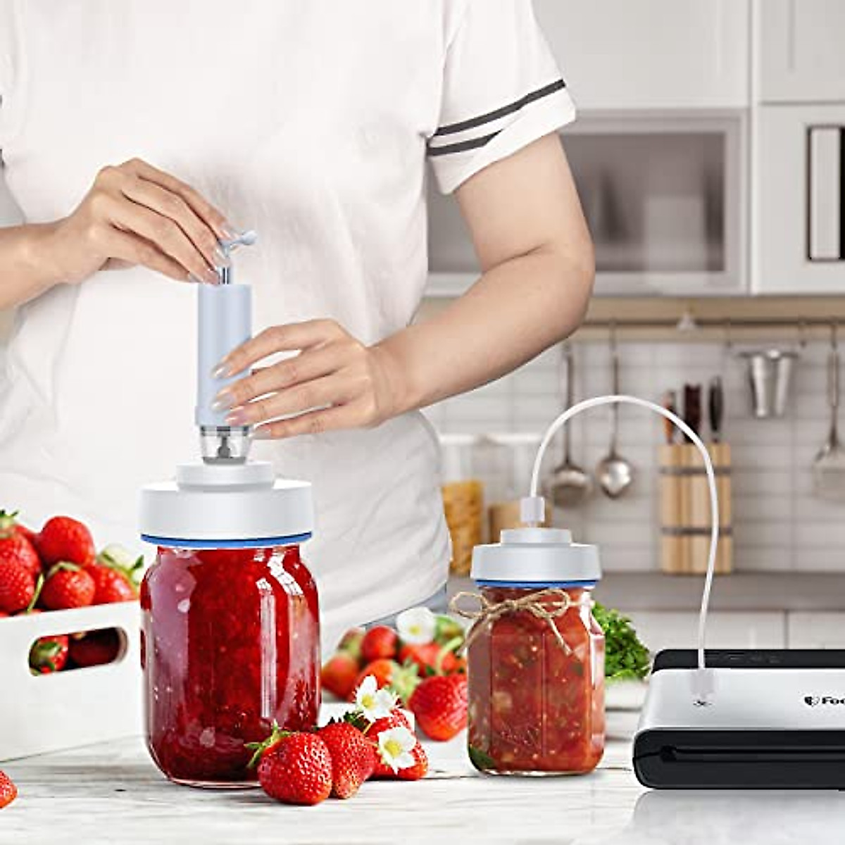 Mason Jar Vacuum Sealer, Vacuum Sealer for Jars with Accessory Hose Compatible with FoodSaver Vacuum Sealer, Wide-Mouth & Regular-Mouth Mason Jar with Manual Portable Vacuum Pump and Lid Opener