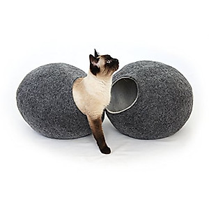 Kivikis Cat Bed, House, Cave, Nap Cocoon, Igloo, 100% Handmade from Sheep Wool (XL 17-26 pounds cat, Dark Gray)