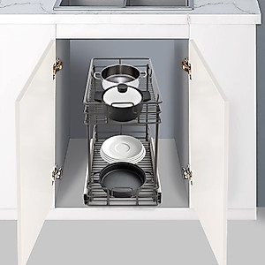 PIOJNYEN Pull Out Cabinet Organizer, 2-Tier Cabinet Pull Out Shelves, Kitchen Cabinet Organizer for Storing Kitchen Utensils Such As Dinner Plates, Bowls, Spices, Baking Supplies (10.5" W X 21.5" D)