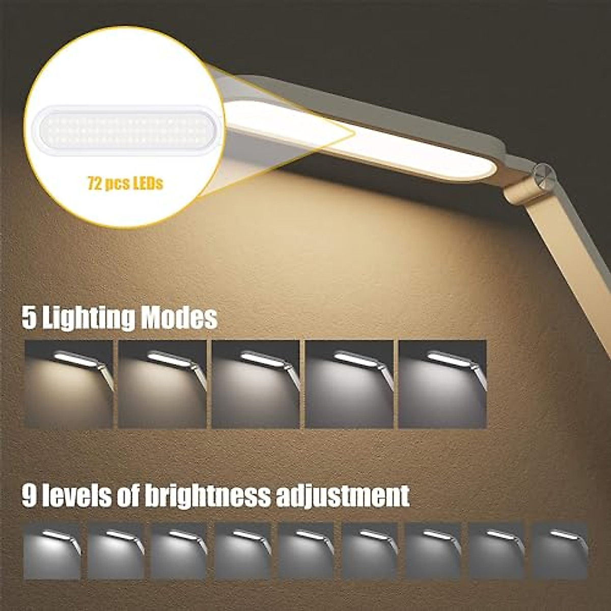 JKSWT LED Desk Lamp for Reading, Eye-Caring Natural Light Protects Eyes Dimmable Office Table Lamps with 5 Color Modes USB Charging Port Touch Control and Memory Function,10W