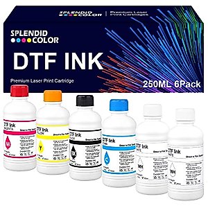 Splendidcolor DTF Ink 250ML 6 Pack Premium DTF Ink Water Base Digital Inkjet Ink Refill for Direct to Film Printers with Epson Printhead L1800 L805 R1390 4720 I3200 XP600 DX7 DX5 5113.…