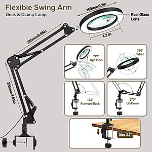 LED Magnifying Glass Desk Lamp with Clamp ,3 Color Modes 10 Levels Dimmable Adjustable Swivel Arm for Reading Rework Craft Workbench
